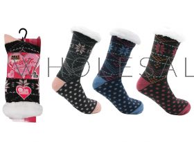 Ladies Fur Lined Fairisle/Spot Thermal Slipper Socks by Snuggle Toes 12 ...