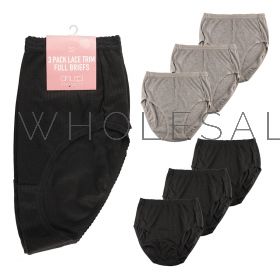 Ladies 3pk Polycotton Ribbed Black/Grey Lace Trim Full Briefs by Anucci ...