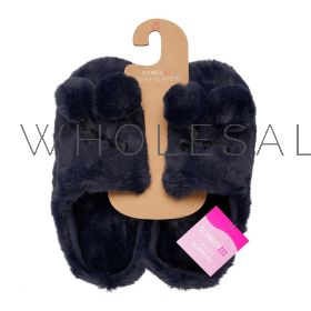 Ladies Navy Pom Pom Mule Slippers With Faux Fur Lining by Slumberzzz 6 ...