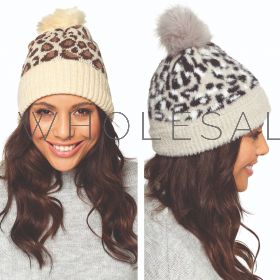Ladies Knitted Snow Leopard Hat with Pom Pom by Foxbury 12 Pieces ...
