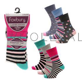 Ladies 3pk Stripey Spot Design Non-Elastic Cotton Rich Socks by Foxbury ...