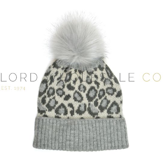 Ladies Knitted Snow Leopard Hat with Pom Pom by Foxbury 12 Pieces ...