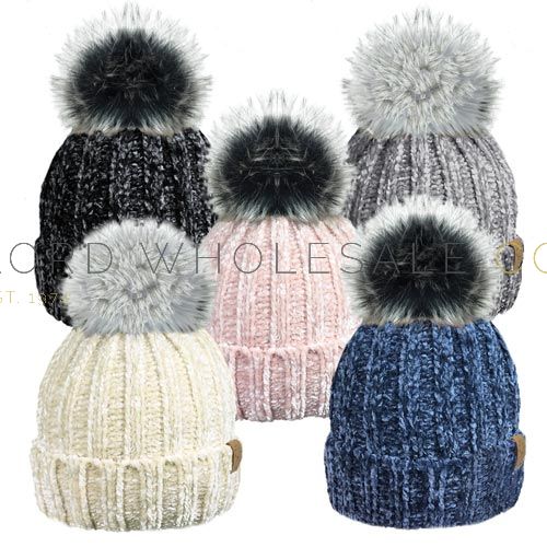 Ladies Fur Lined Chenille Hats With Detachable Bobble by Rock Jock 12 ...