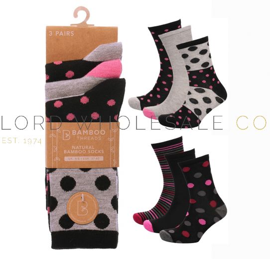 Ladies Spotty Assorted Bamboo Socks by Bamboo Threads 4 x 3 Pair Packs ...