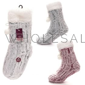 Ladies Furry Lounge Socks with Sherpa Lining & Pom Pom by Foxbury 6 ...